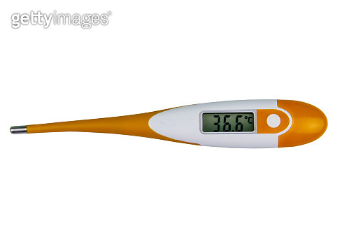 Digital medical thermometer showing healthy human body temperature 36.6 ...