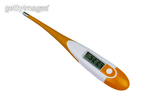 Digital medical thermometer showing healthy human body temperature 36.6 ...
