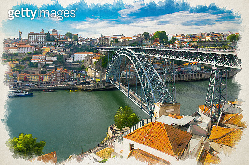Watercolor drawing of Aerial view of Ponte Luis Bridge over Douro River ...
