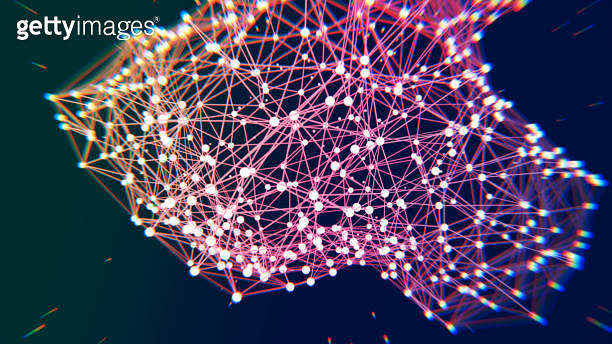 Glowing grid network with connected white dots on a dark background 이미지 ...