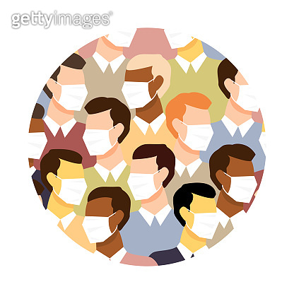 Diverse multicultural group people wearing medical masks in round shape ...