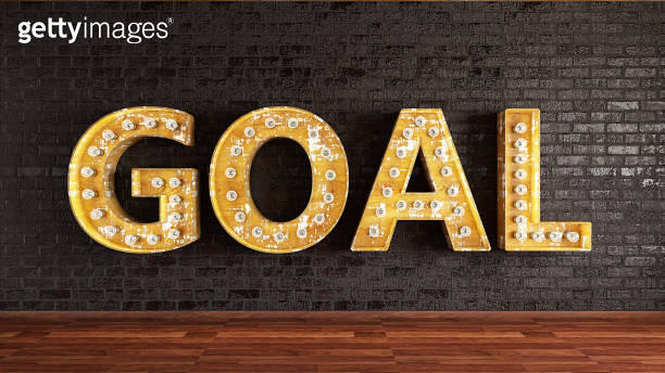 GOAL Sign with Light Bulbs on Black Brick Wall 이미지 (1197309784) - 게티이미지뱅크