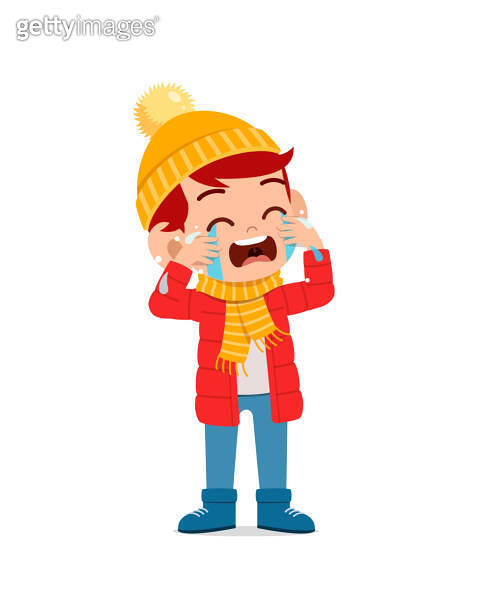sad cute little kid cry and wear jacket in winter season. child scream ...