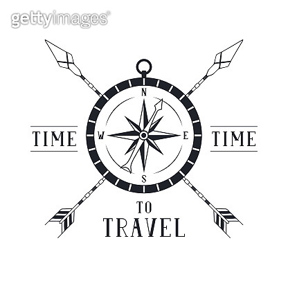 Hand drawn time to travel badge with arrows and compass. Vector ...