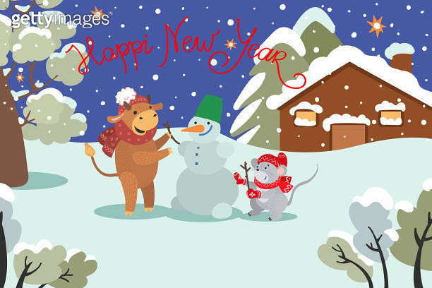 bull and mouse - symbols of 2021 and 2020, make a snowman on a winter ...