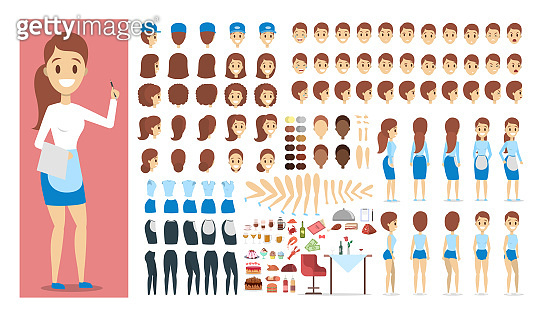 Waiter female character in uniform set or kit for animation with ...
