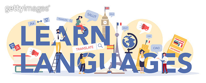 Language learning typographic header concept. Study foreign languages ...