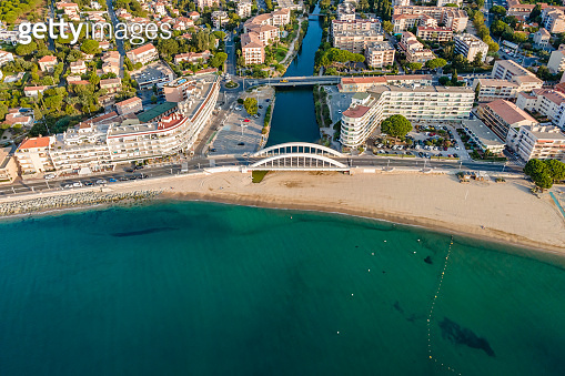 Aerial view of Sainte-Maxime seafront and its famous bridge in French ...