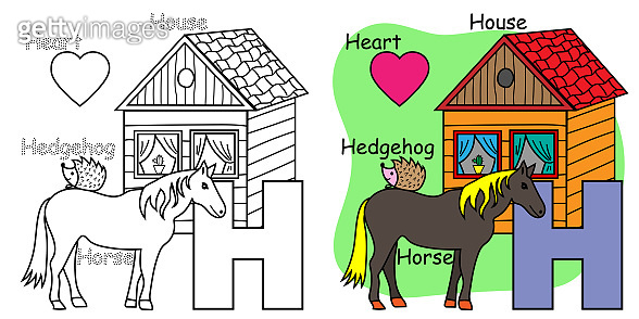 English alphabet coloring book for children. Letter H for Horse, House ...