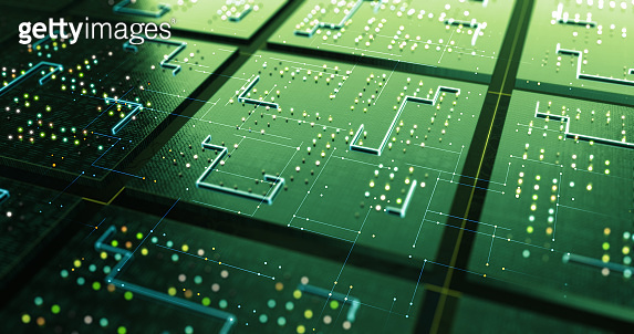 AI Processor Processing Data. CPU Circuit. Data Flowing. Artificial Intelligence. 3D ...