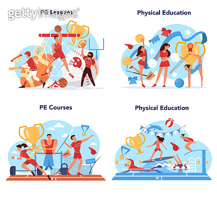 Physical education lesson school class concept set. Students doing ...