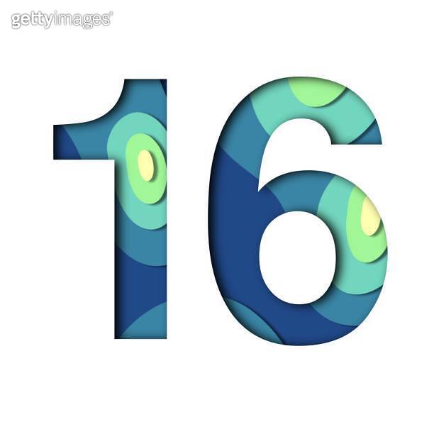 Number 16 Print in Quirky Circular Cut-out Design on White Background ...