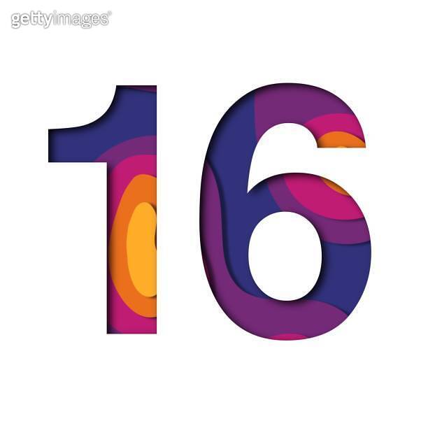 Number 16 Print in Quirky Circular Cut-out Design on White Background ...