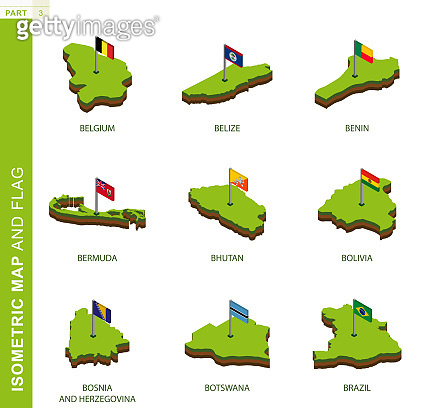 Set of 9 isometric map and flag, 3D vector isometric shape. 이미지 ...