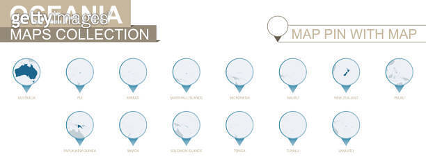 Oceanian countries detailed map collection, blue map pin with country ...