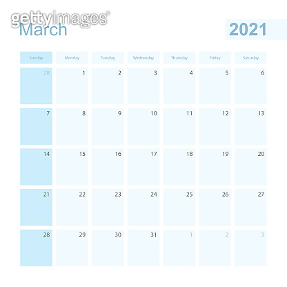 2021 March wall planner in blue color, week starts on Sunday. 이미지 ...