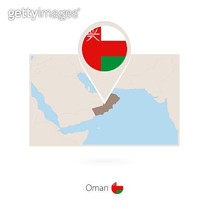 Rectangular map of Oman with pin icon of Oman (1286006574) - 게티이미지뱅크