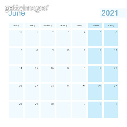 2021 June wall planner in blue pastel color, week starts on Monday ...