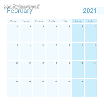 2021 February wall planner in blue pastel color, week starts on Monday ...
