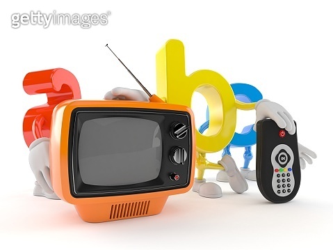 ABC character with tv set and remote 이미지 (1266804085) - 게티이미지뱅크