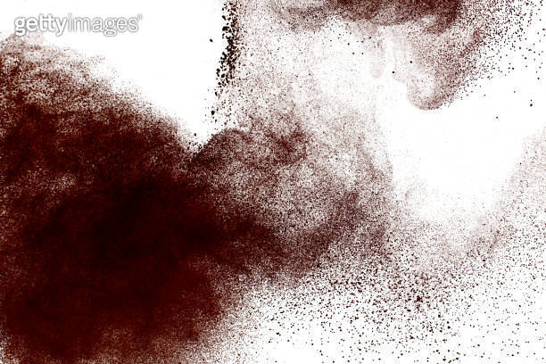 Deep brown powder dust explosion on white background. 이미지 (1225594676 ...