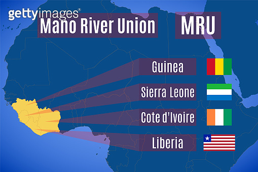 Vector map and flags of the Mano River Union (MRU) (1207982711) - 게티이미지뱅크