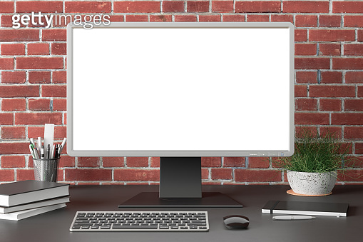 Workspace with blank computer monitor screen mock up. 이미지 (1206736259 ...