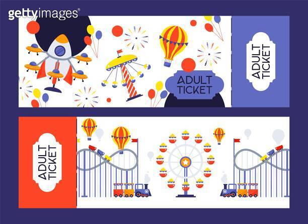 Amusement park ticket, vector illustration. Summer fairground carousels ...