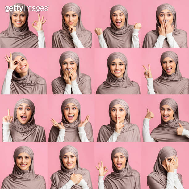 Collage of arabic girl in hijab portraits with different emotions 이미지 ...