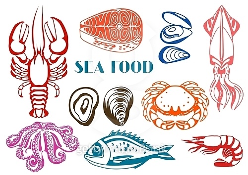 Various seafood set. Illustration of fish, shellfish and crustaceans ...
