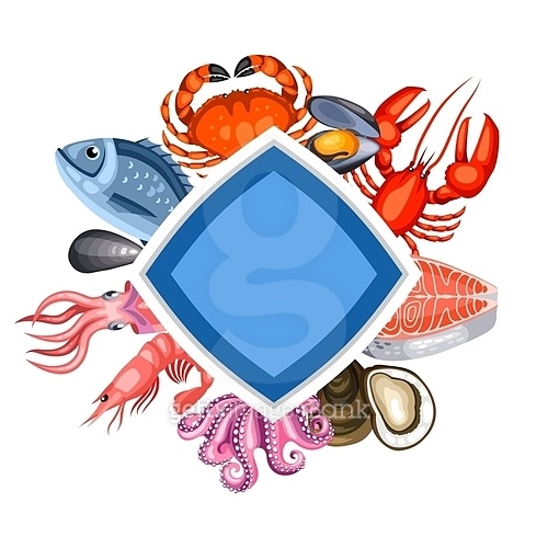 Background with various seafood. Illustration of fish, shellfish and ...