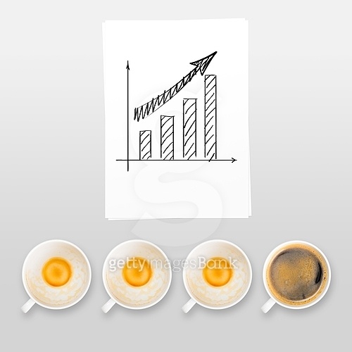 business break. chart with empty and full cups of fresh espresso, view ...