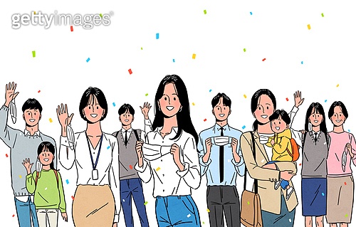 기쁨 밝은표정 희망 컨셉 마스크 방호용품 코로나바이러스 바이러스 코로나19 코로나바이러스 환호 말하기 봄 여러명 3 5 사람들 이미지