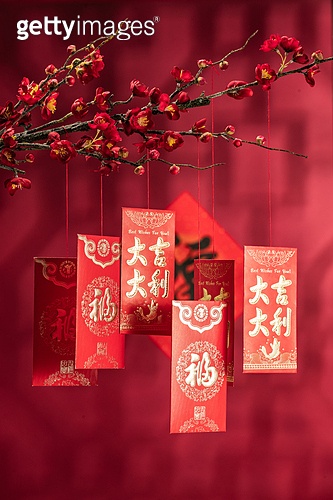 Red envelopes of hanging under the plum blossom (vs12496326) - 게티이미지뱅크