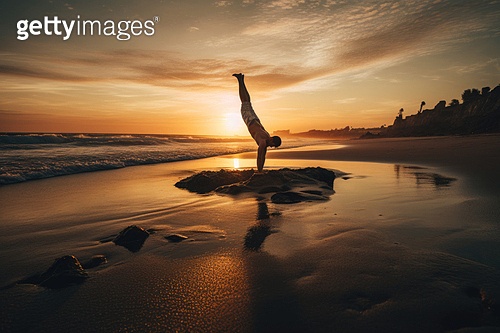 Generative AI illustration of male athlete practicing yoga on wet shore ...