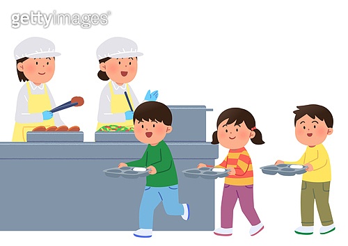 어린이 (나이), 학교점심 (점심시간), 식판, 일렬 (배열) 이미지 (jv13513469) - 게티이미지뱅크