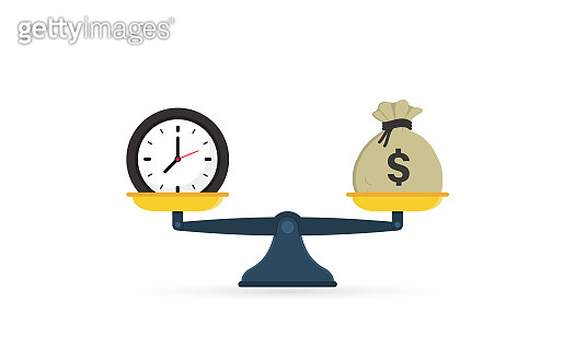 Time is money on scales icon. Weights with clock and money bag. Money ...