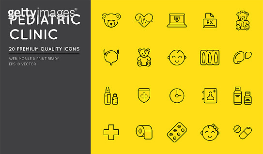 Outline icons set. Pediatric hospital clinic and medical care. Editable ...