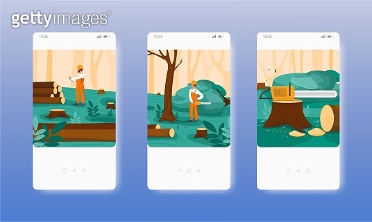 Logging. Lumberjack cutting trees with chainsaw. Mobile app screens ...