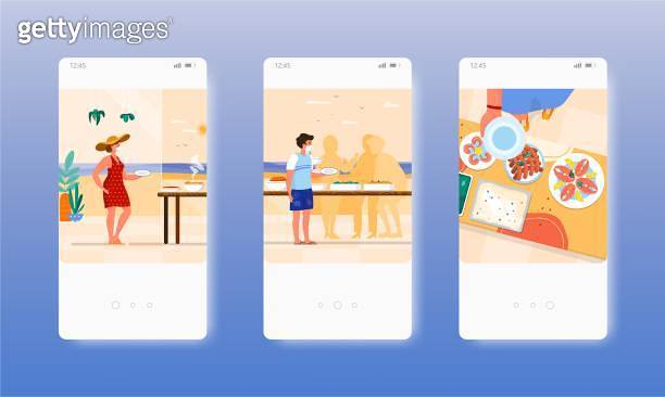 Buffet breakfast. Hotel restaurant catering. Mobile app screens, vector ...