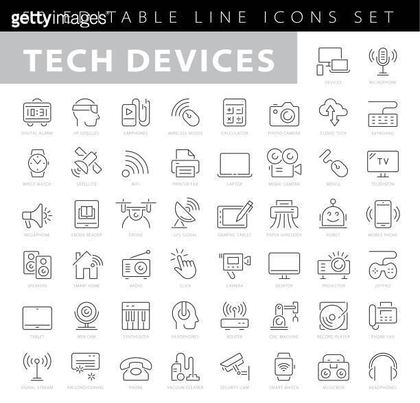 Devices line icons set. Computer, laptop, mobile phone, fax, scanner, smartphone minimal vector ...