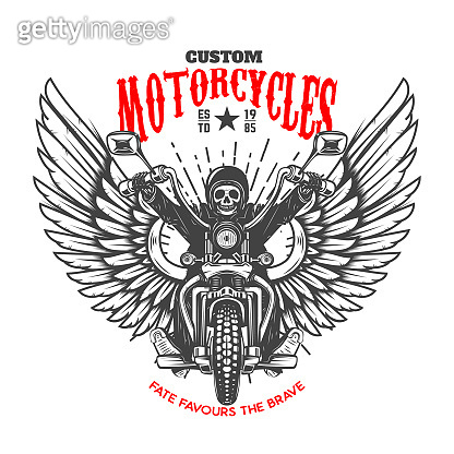 Custom motorcycles. Emblem template with skeleton on winged motorcycle ...