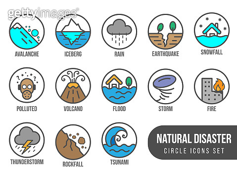 Natural disaster basic circle icon set with tide volcano erupting earthquake flood isolated ...