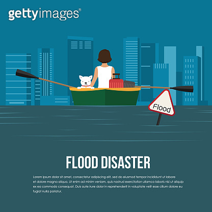 Flood disaster with flood warning banner,woman and dog on boat in flood ...