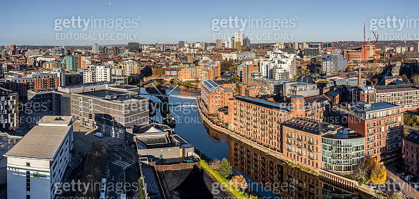 Aerial view of Leeds Doc area of the city with waterfront apartment ...