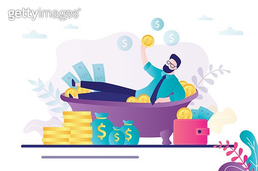 Male character takes in bath full of bills and coins. Cartoon ...