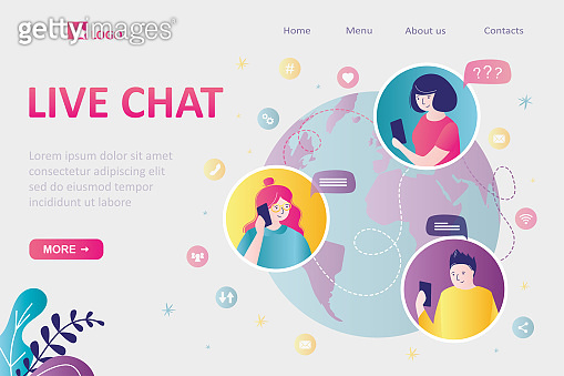 Live chat, landing page template. Young adults communicate in social ...
