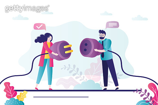 Two business people connect wires. Male and female character pull plugs ...