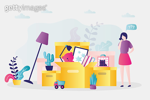 Paper cardboard boxes with various household items. Female character ...