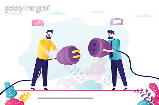 Two business people connect wires. Businessmen pull plugs towards each ...